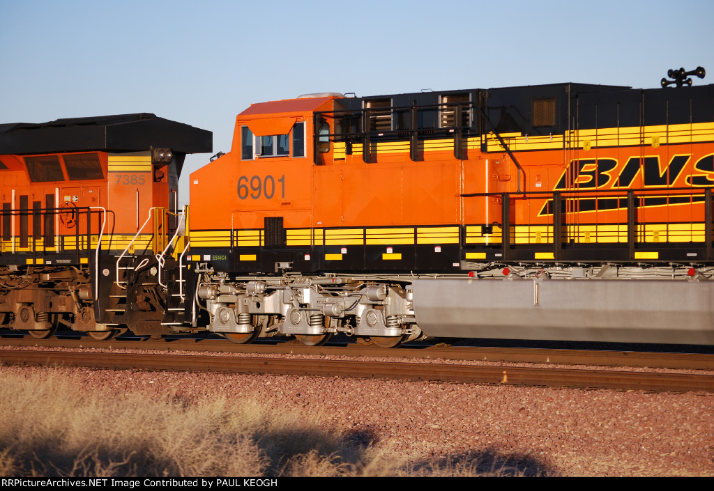 BNSF 6901 Side shot as the rising Sun just hits Her Road Numbers just right to make them look ...